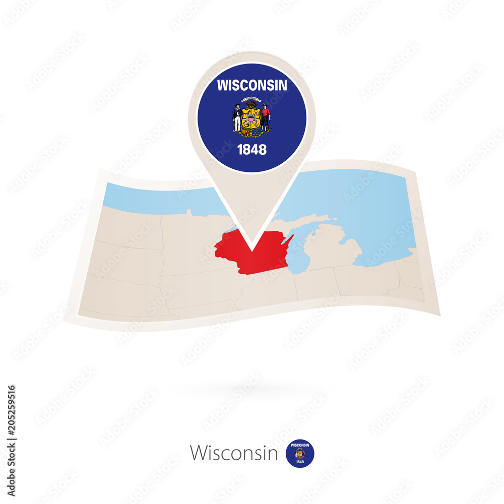 Folded paper map of Wisconsin U.S. State with flag pin of Wisconsin ...