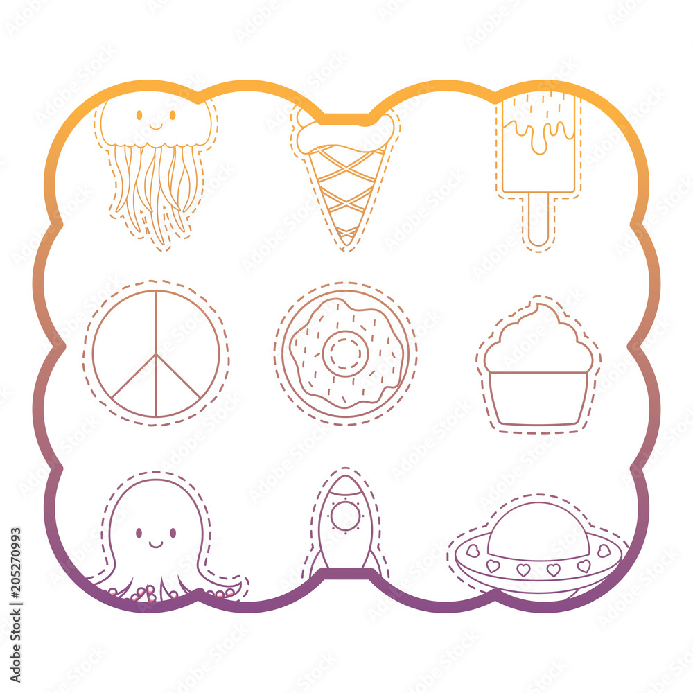 decorative frame with ice creams and donuts pattern over white ...