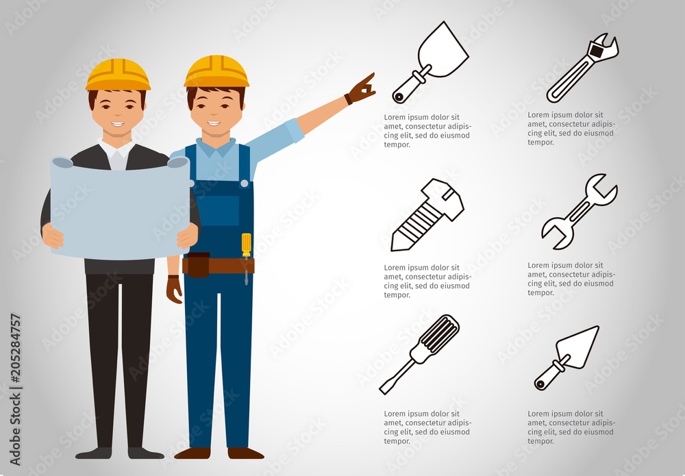 Yellow and Gray Construction Tools Workers Building Infographic Stock ...