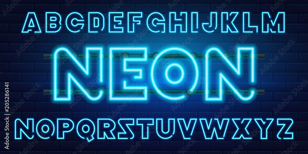 80 s blue neon retro font. Futuristic chrome letters. Bright Alphabet ...