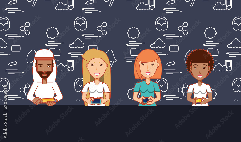 cartoon people over social media related icons background, colorful ...