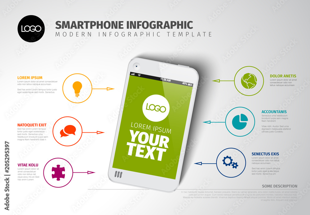 Smartphone Infographic with Colorful Business Icons Stock Template ...