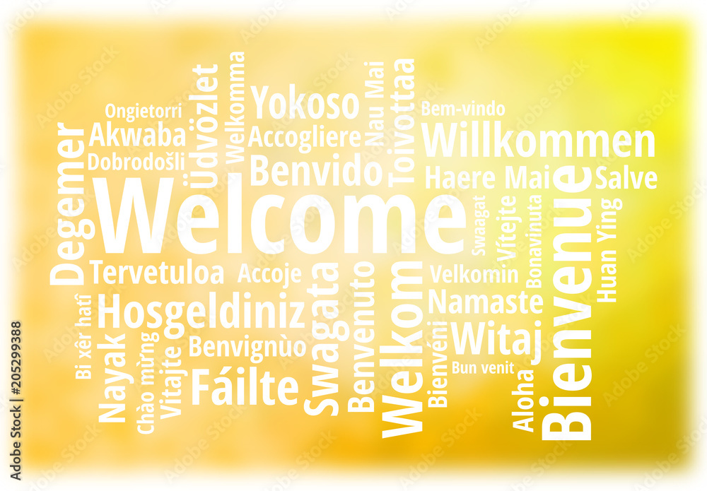 WELCOME word cloud in different languages on golden background, concept ...