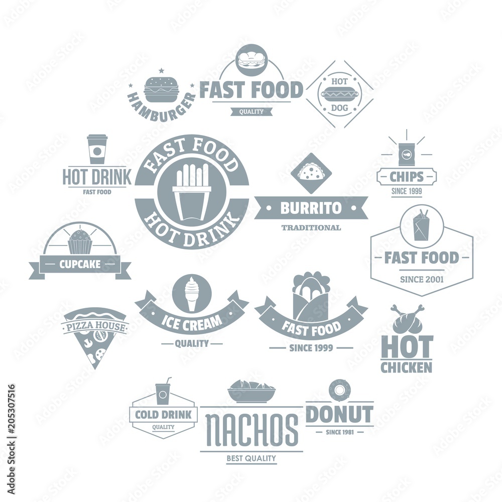 Fast food logo icons set. Simple illustration of 16 fast food logo ...