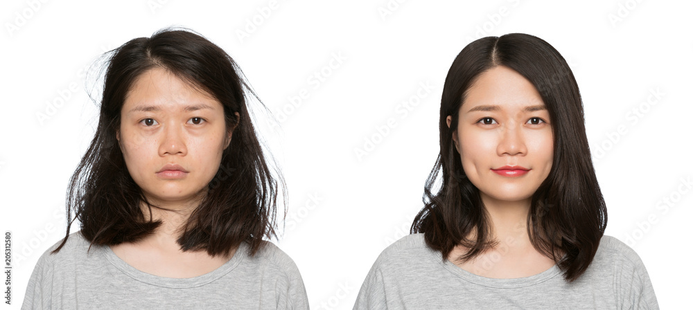 woman before and after makeup.Set of two pictures of the same woman ...