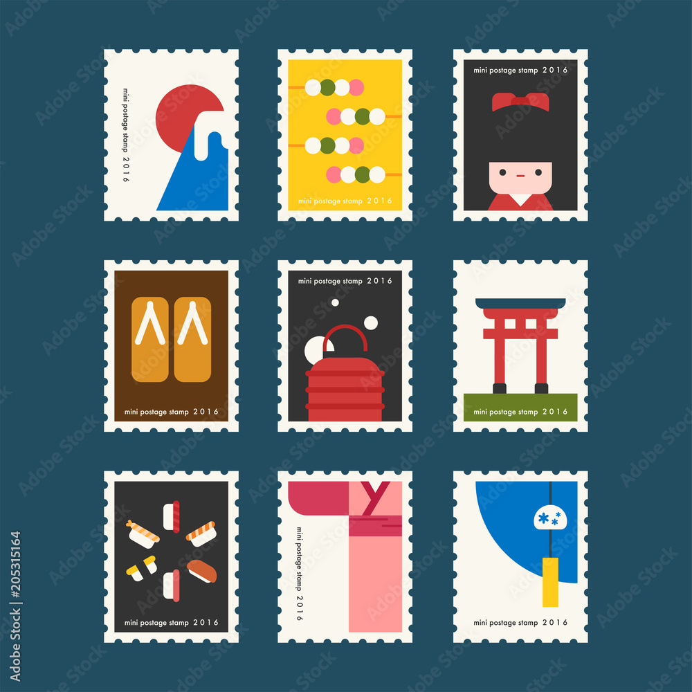 japan stamp concept vector flat design illustration set Stock Vector ...