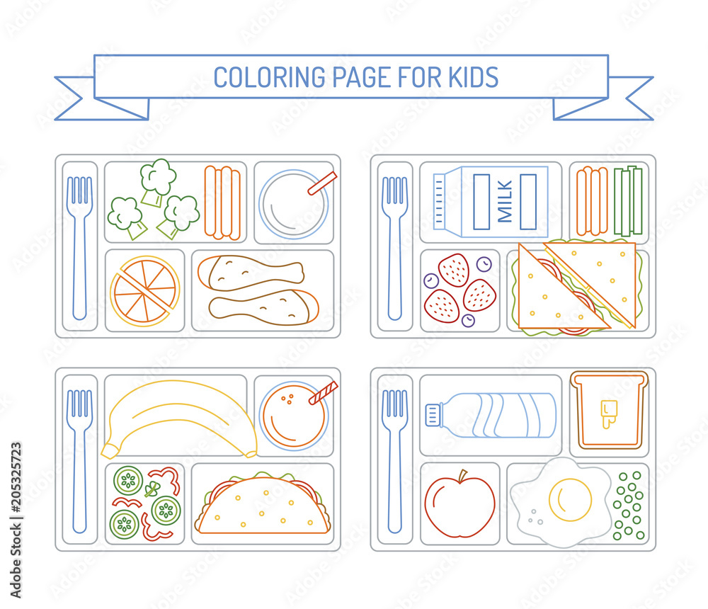 Coloring pages for kids with colorful border. Set lunches on a tray ...