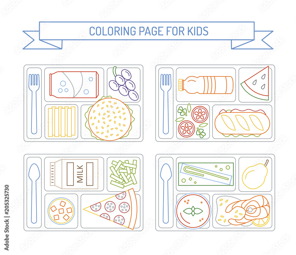 Coloring pages for kids with colorful border. Set lunches on a tray ...