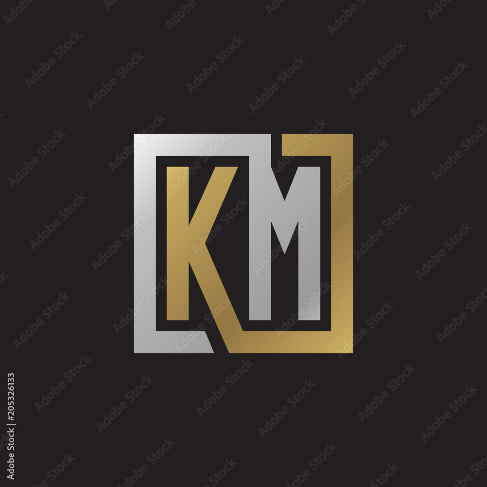 Initial letter KM, looping line, square shape logo, silver gold color ...