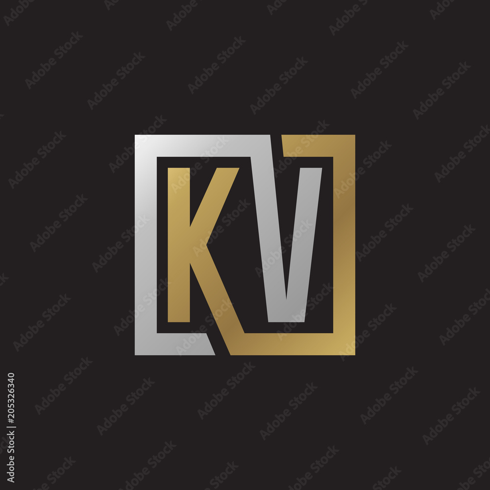 Initial letter KV, looping line, square shape logo, silver gold color ...