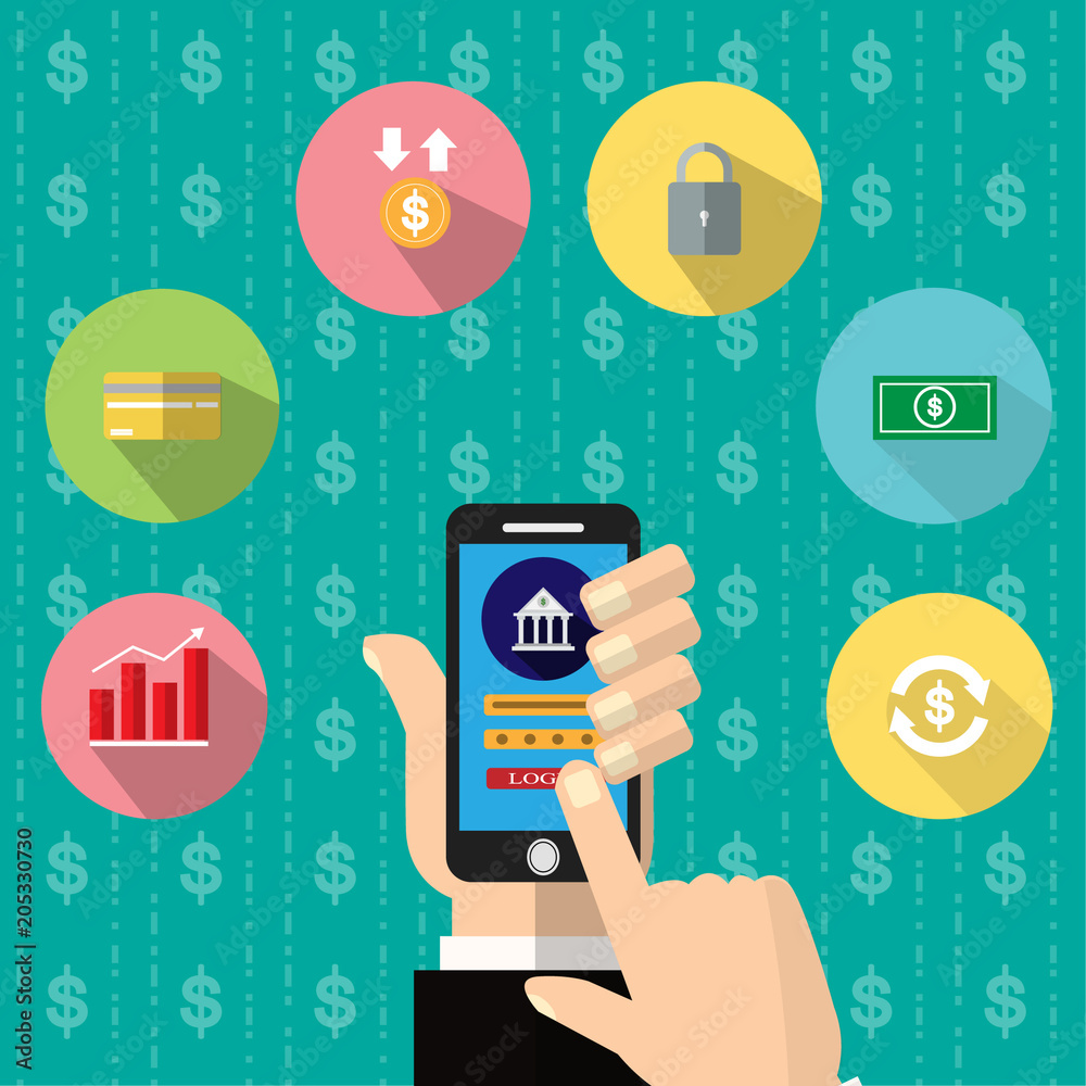 Mobile banking app on smartphone screen. Financial app, online banking ...