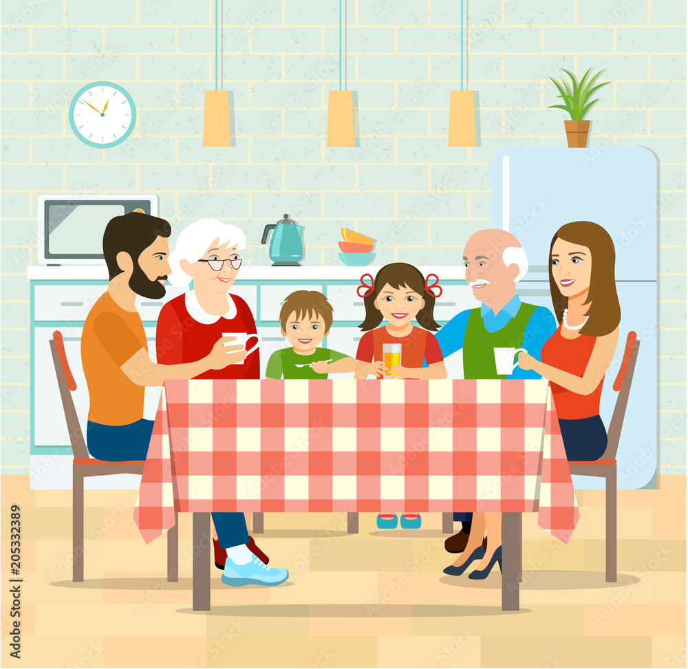 Smiling big family having dinner in kitchen. Vector flat style ...