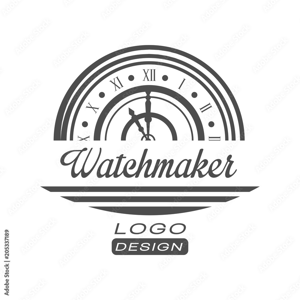 Watchmaker logo design, monochrome vintage clock repair service emblem ...