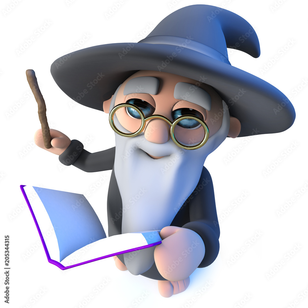 3d Funny wizard magician character waving his wand at his magic book of ...