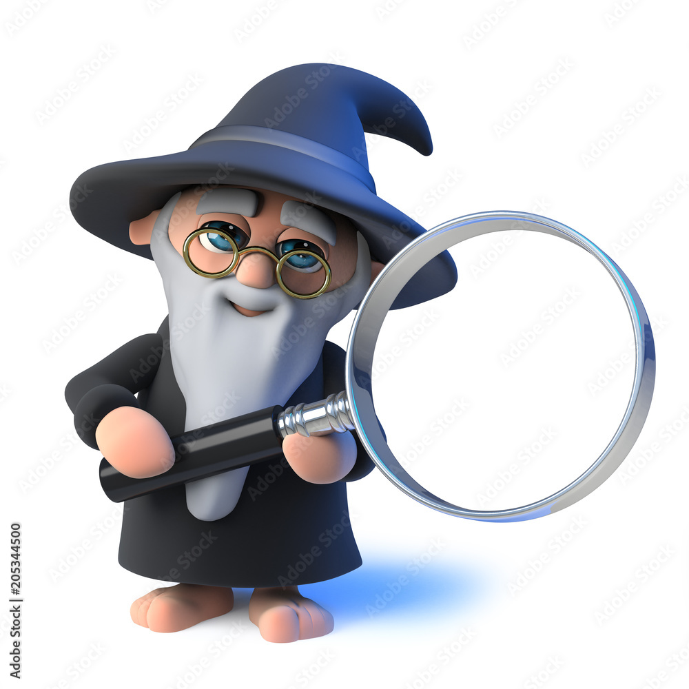 3d Funny cartoon wizard magician character holding a magnifying glass ...