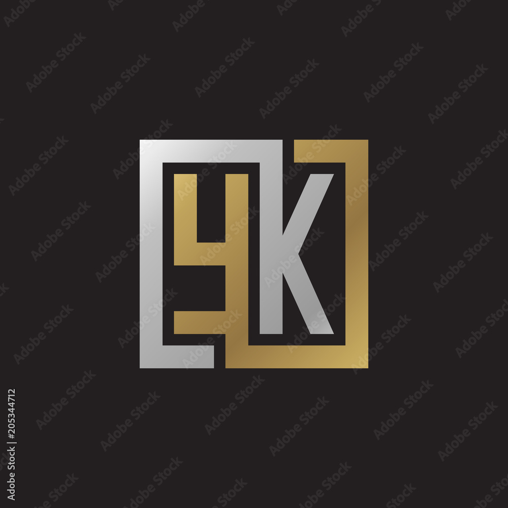 Initial letter YK, looping line, square shape logo, silver gold color ...