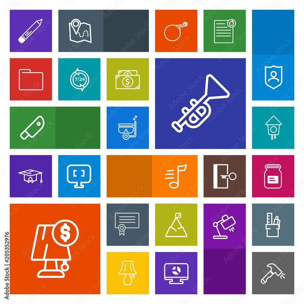 Modern, simple, colorful vector icon set with house, equipment, bugle ...