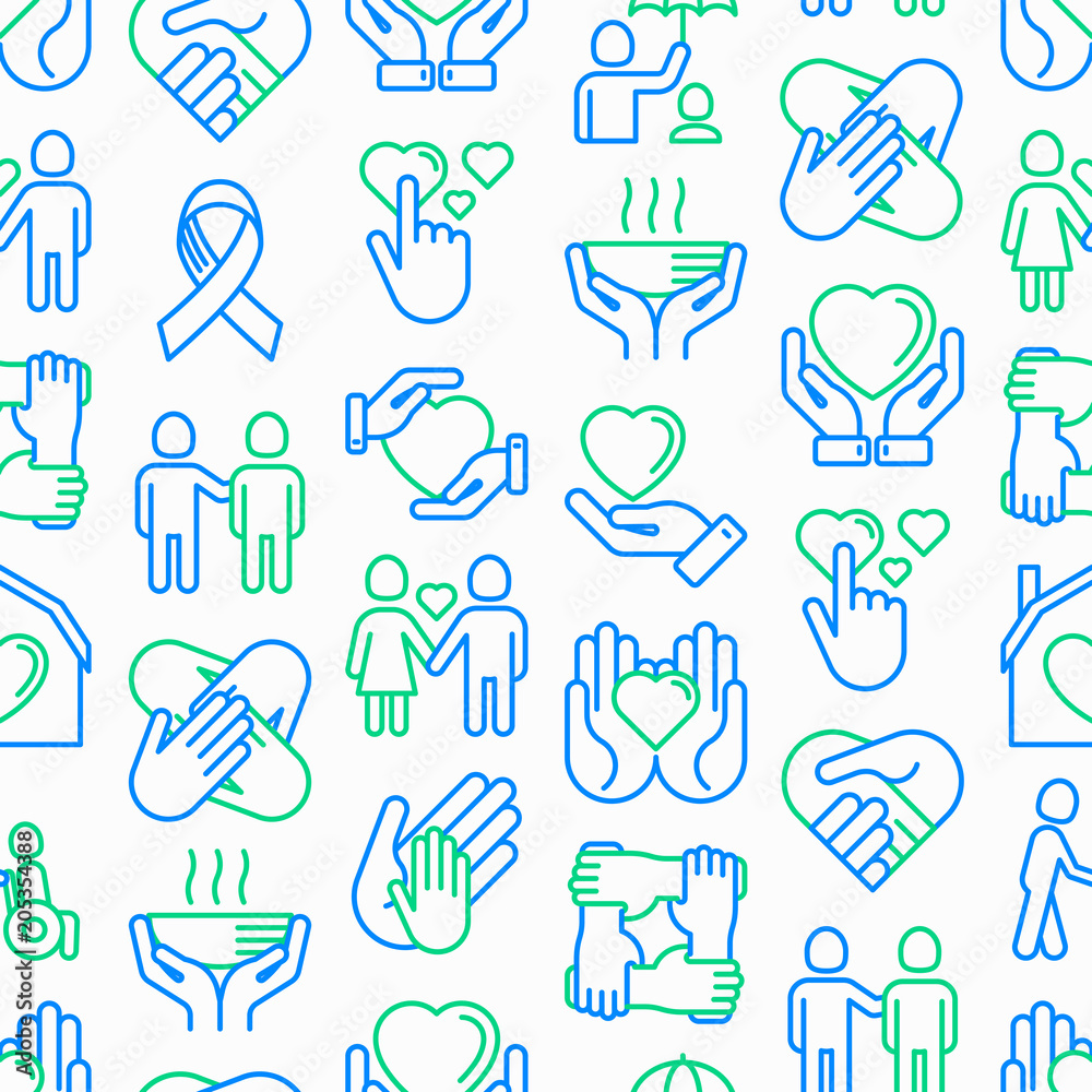 Help and care seamless pattern with thin line icons: symbols of support ...