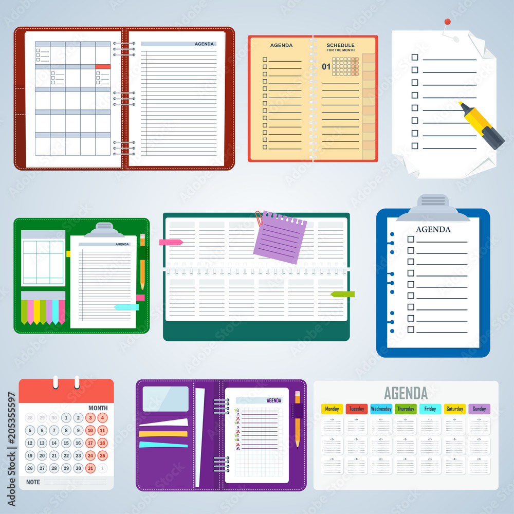 Set of agenda notebooks. Flat vector cartoon illustration. Objects ...
