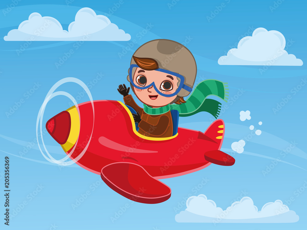 Cute boy pilot flies on a red plane. Cartoon vector illustration Stock ...