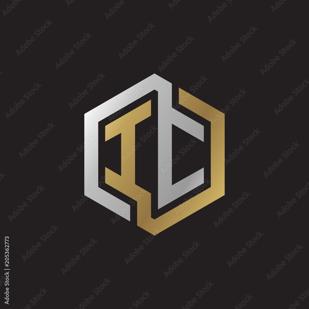 Initial letter IC, looping line, hexagon shape logo, silver gold color ...