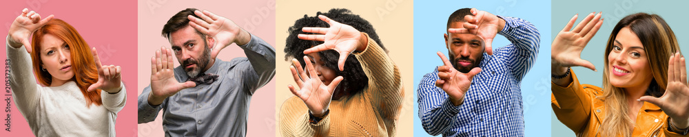 Cool group of people, woman and man confident and happy showing hands ...