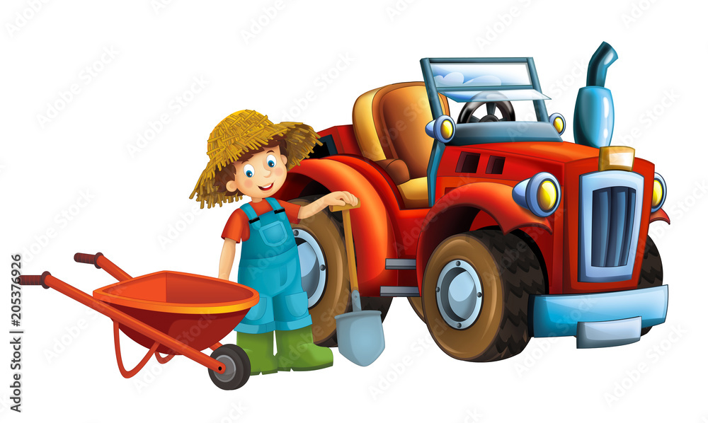 cartoon scene young boy near wheelbarrow and tractor - car for ...