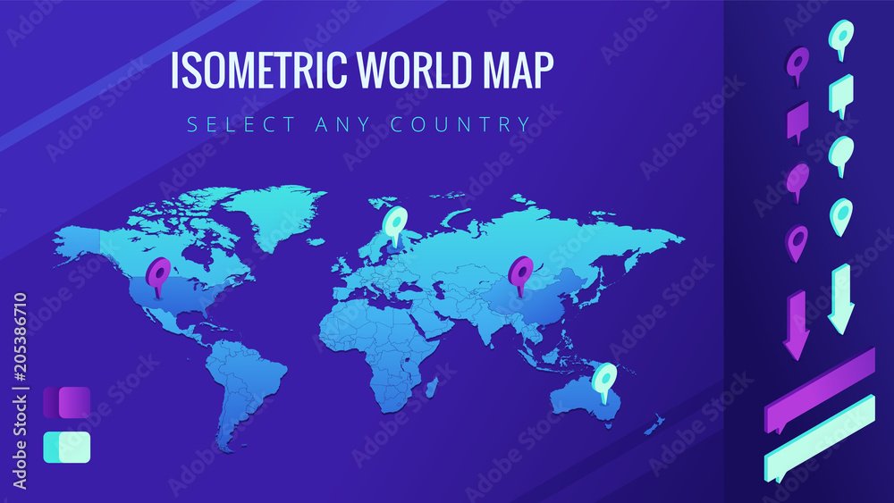 World map isometric vector illustration. The world map with pins ...