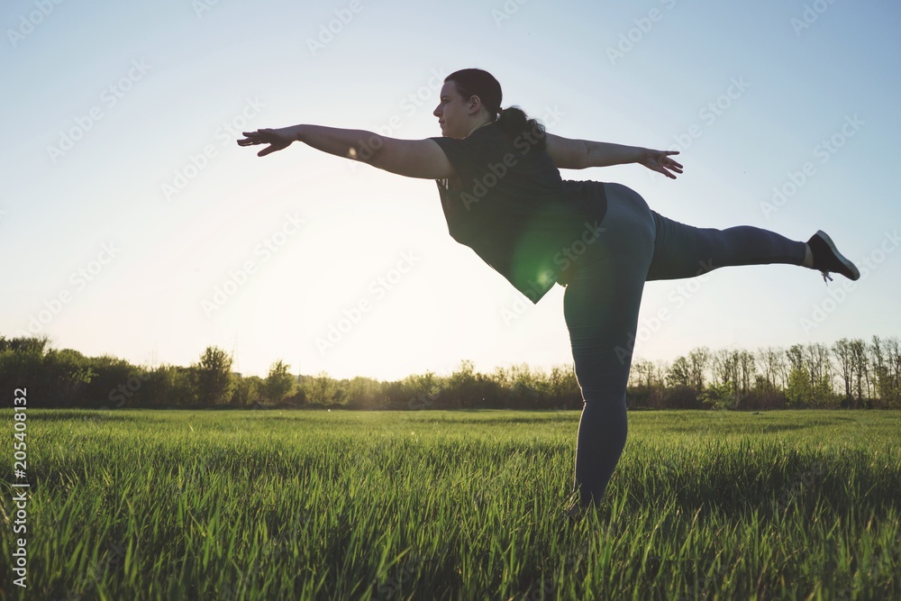 Body positive, confidence, high self esteem. Overweight woman dancing ...