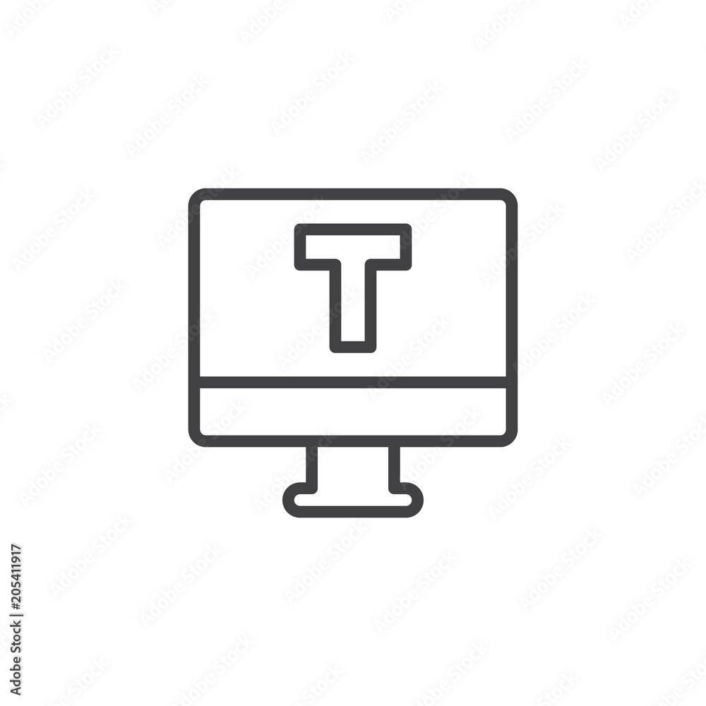 Letter T on computer monitor outline icon. linear style sign for mobile ...