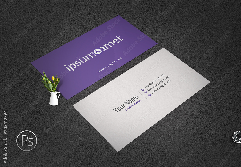 Business Card Layout with Purple Accents Stock Template | Adobe Stock