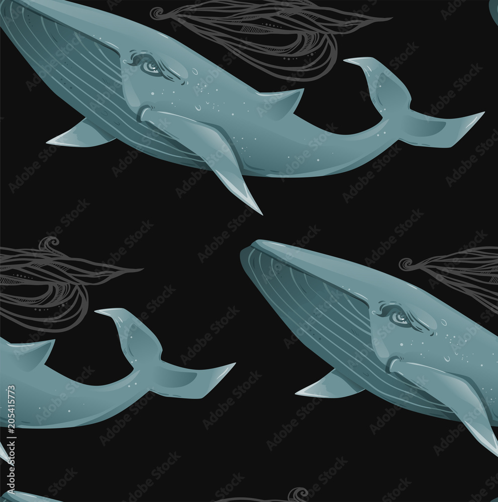 Seamless texture with blue whales. Modern repeating background. Tile ...