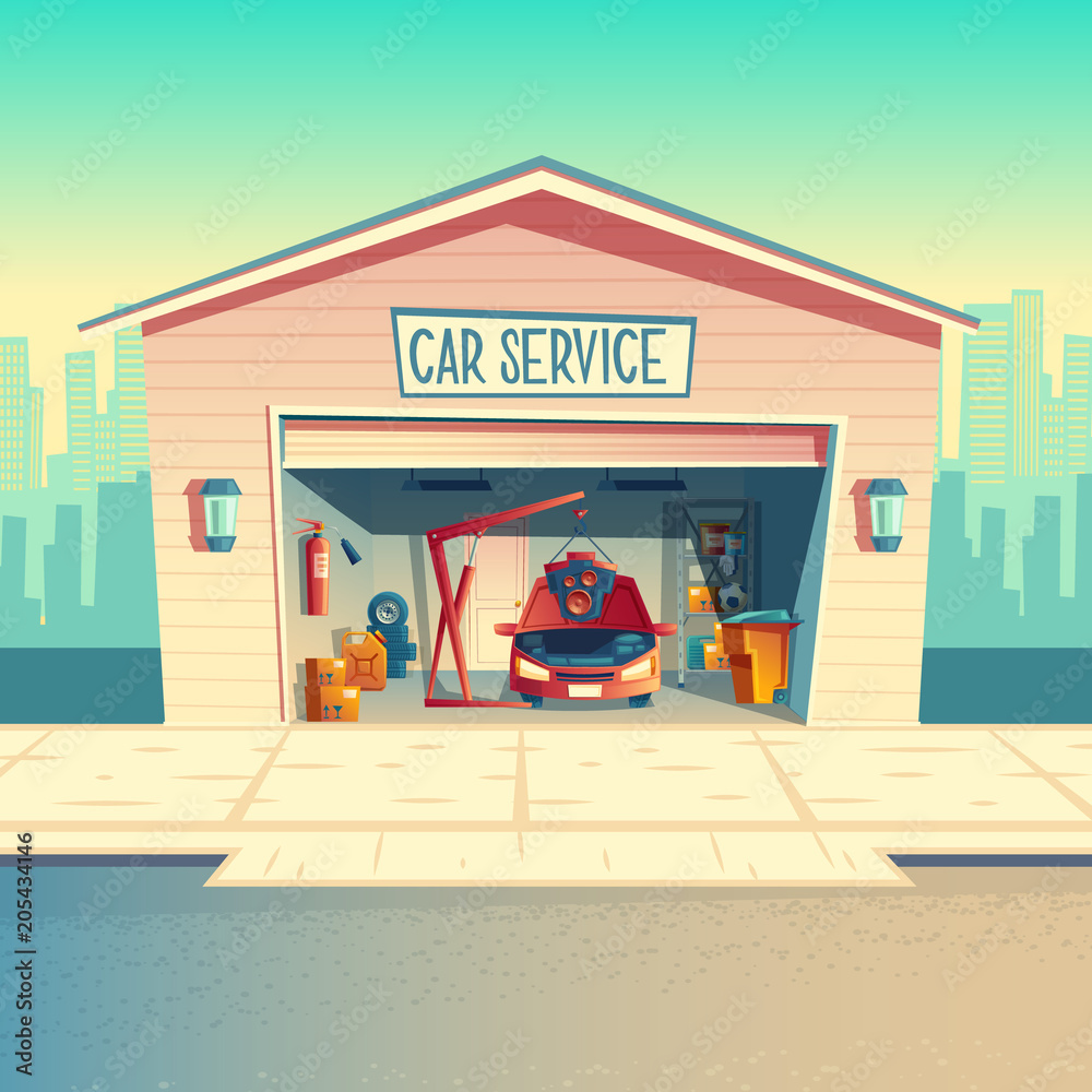 Vector cartoon mechanic workshop with car, installing engine. Repairing ...