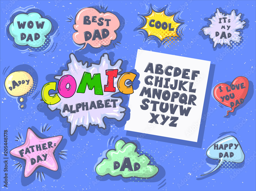 Comic cartoon retro font set. Father s day speech bubbles. Alphabet ...
