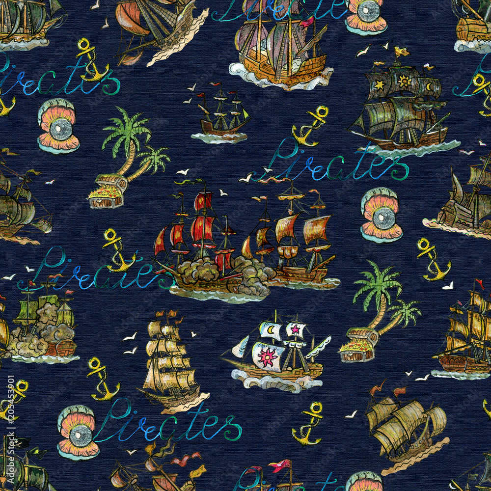 Seamless pattern with pirate adventures concept, old sailboats, anchor ...