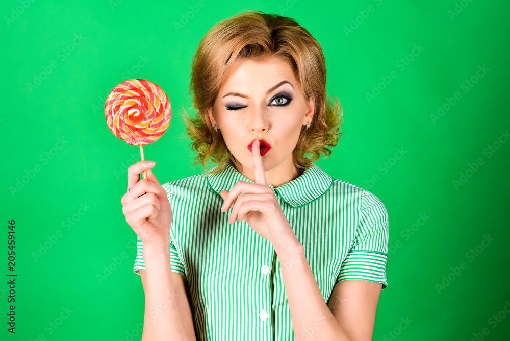 Lollipop. Sweet food, dessert, sugar. Pin up model with lollipop in ...