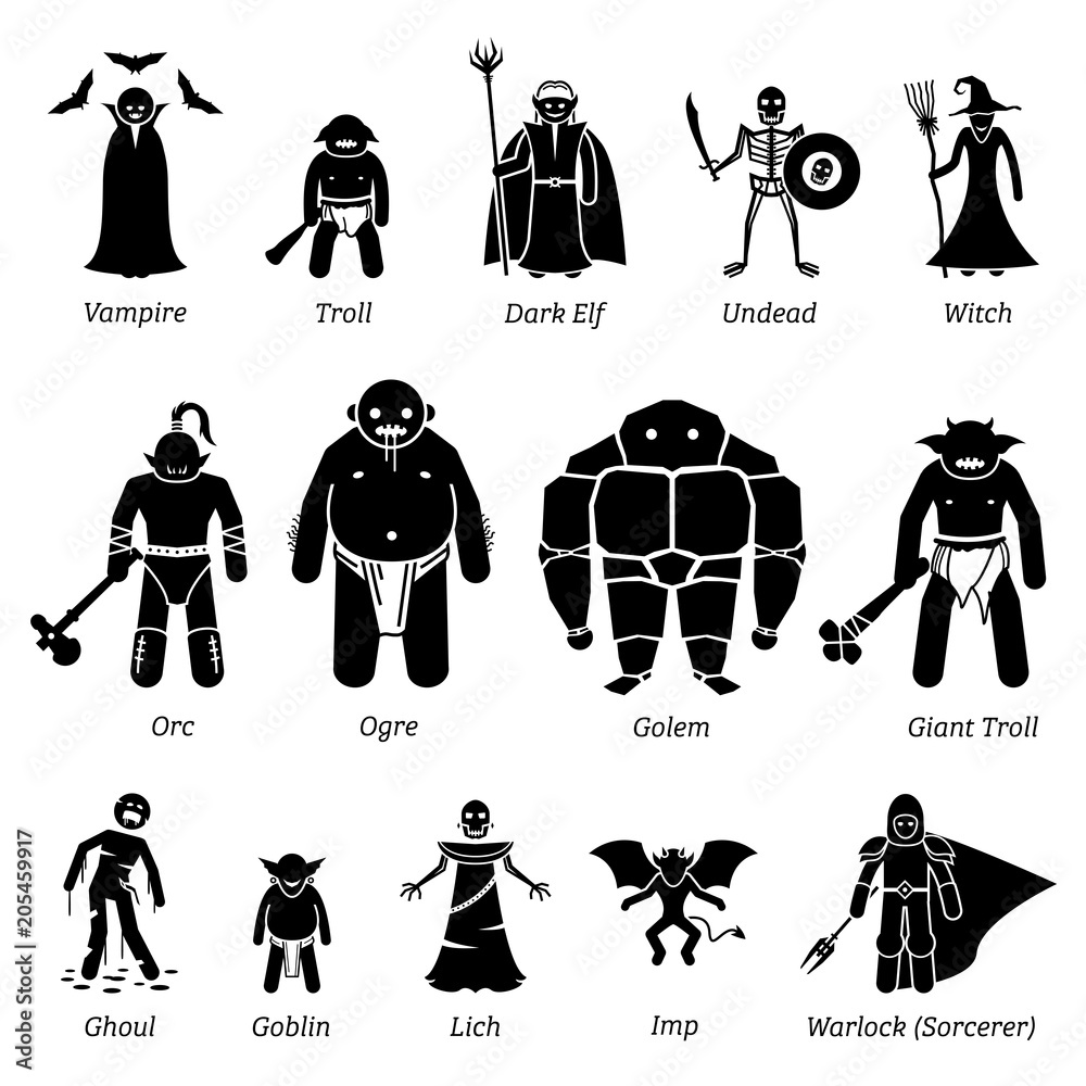 Ancient medieval fantasy evil characters, creatures, and monsters icon ...