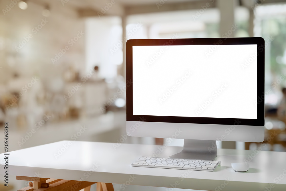 Mockup desktop blank screen computer on white wood table. Stock Photo ...