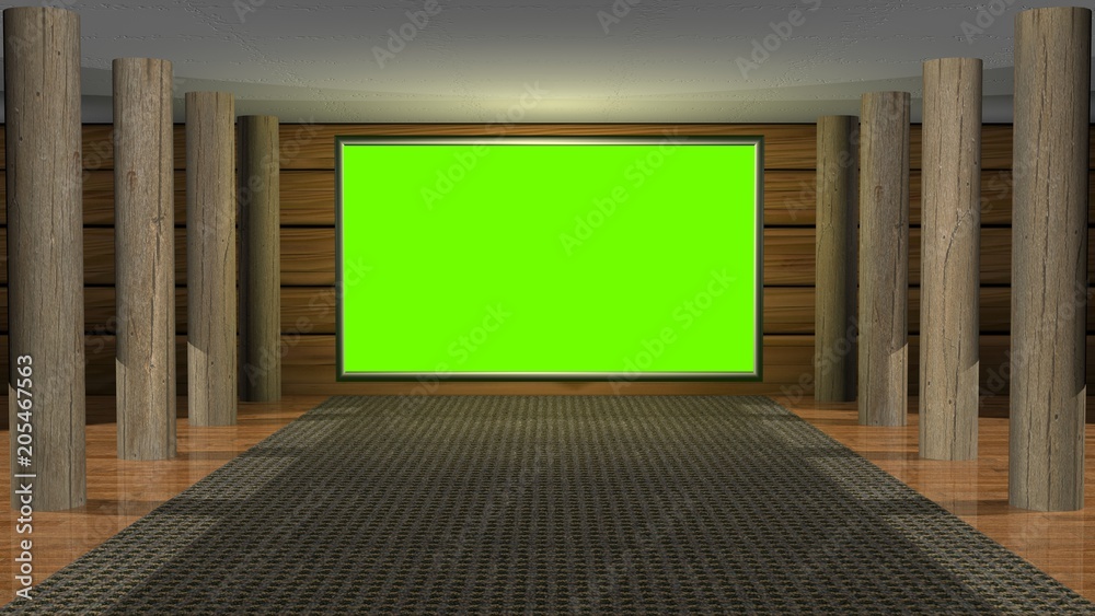 Virtual studio set. Wood theme. Green screen . 3d render Stock ...