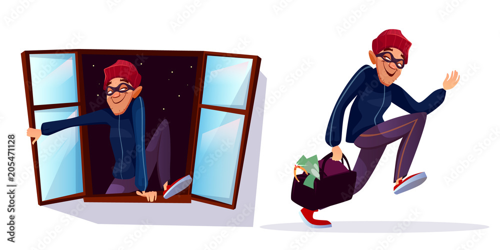 Vector cartoon robber, thief characters set. Male burglar running with ...