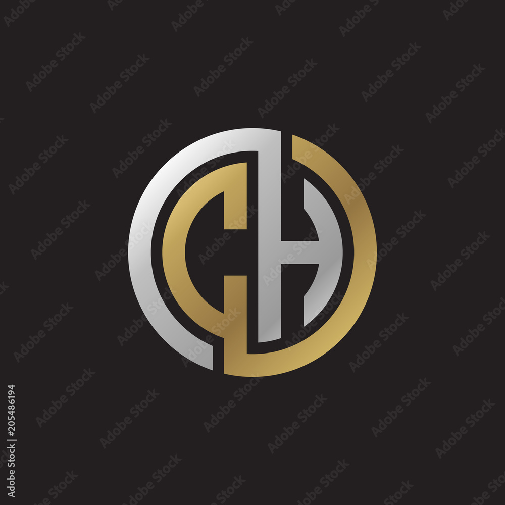 Initial letter CH, looping line, circle shape logo, silver gold color ...