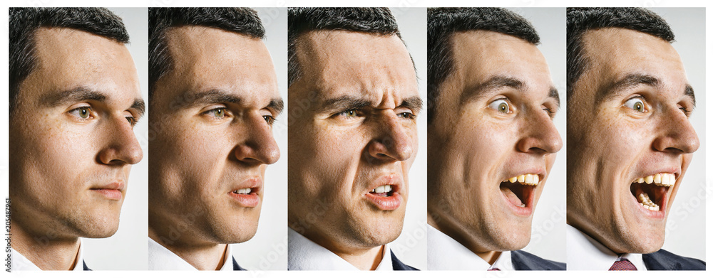 The collage of different human facial expressions, emotions and ...