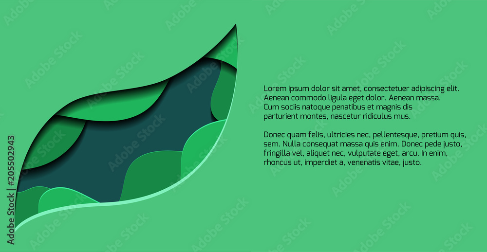 Green banner with 3d tree leaf cut out from paper. Vector template for ...