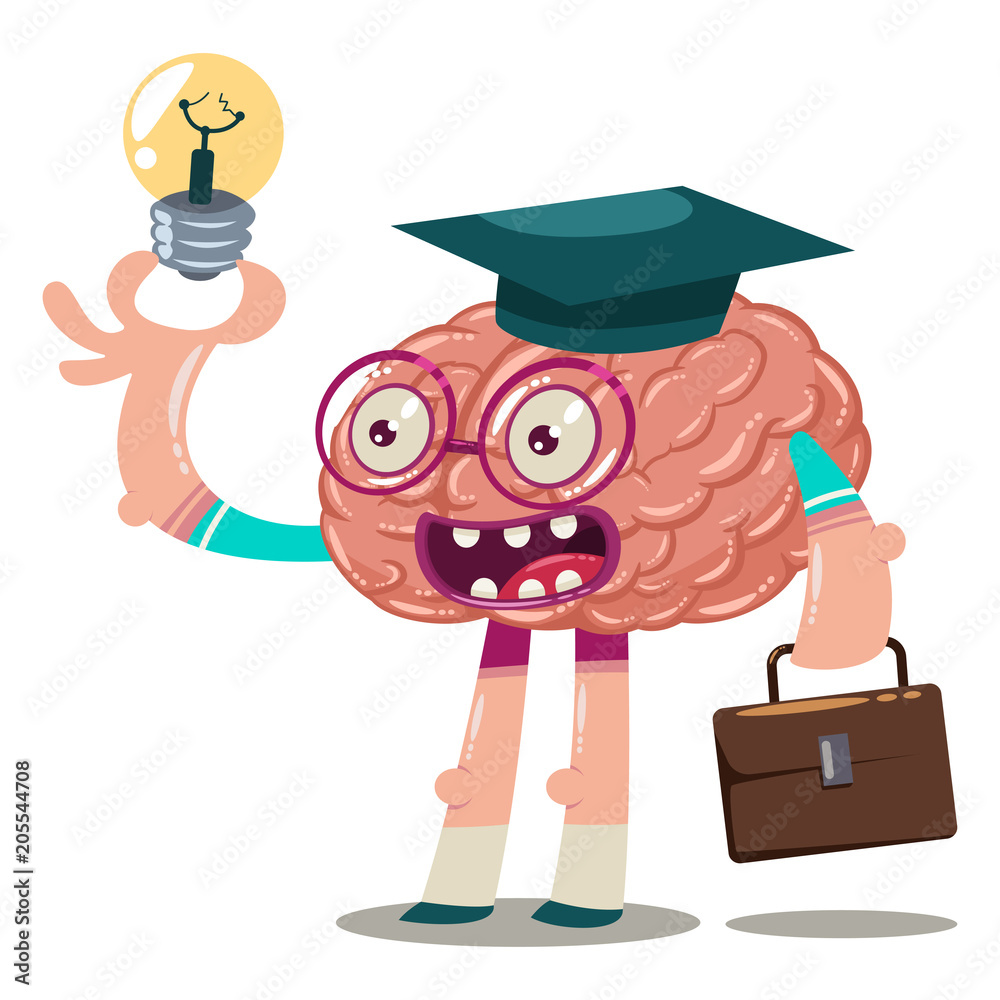 Cute cartoon brain in glasses, a graduate hat with a briefcase and a ...