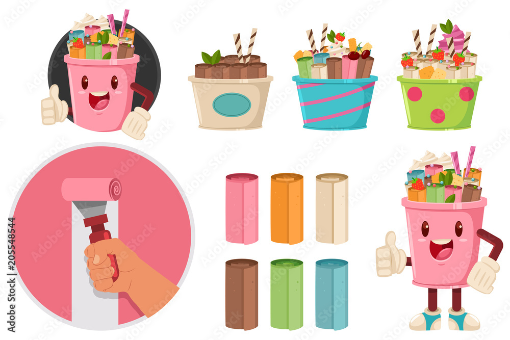 Thailand ice cream roll vector flat icon or logo, character set ...