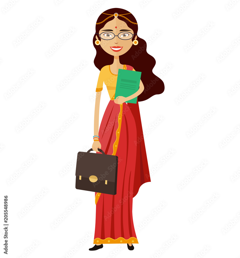 Indian banker or worker lady with glasses and briefcase flat cartoon ...