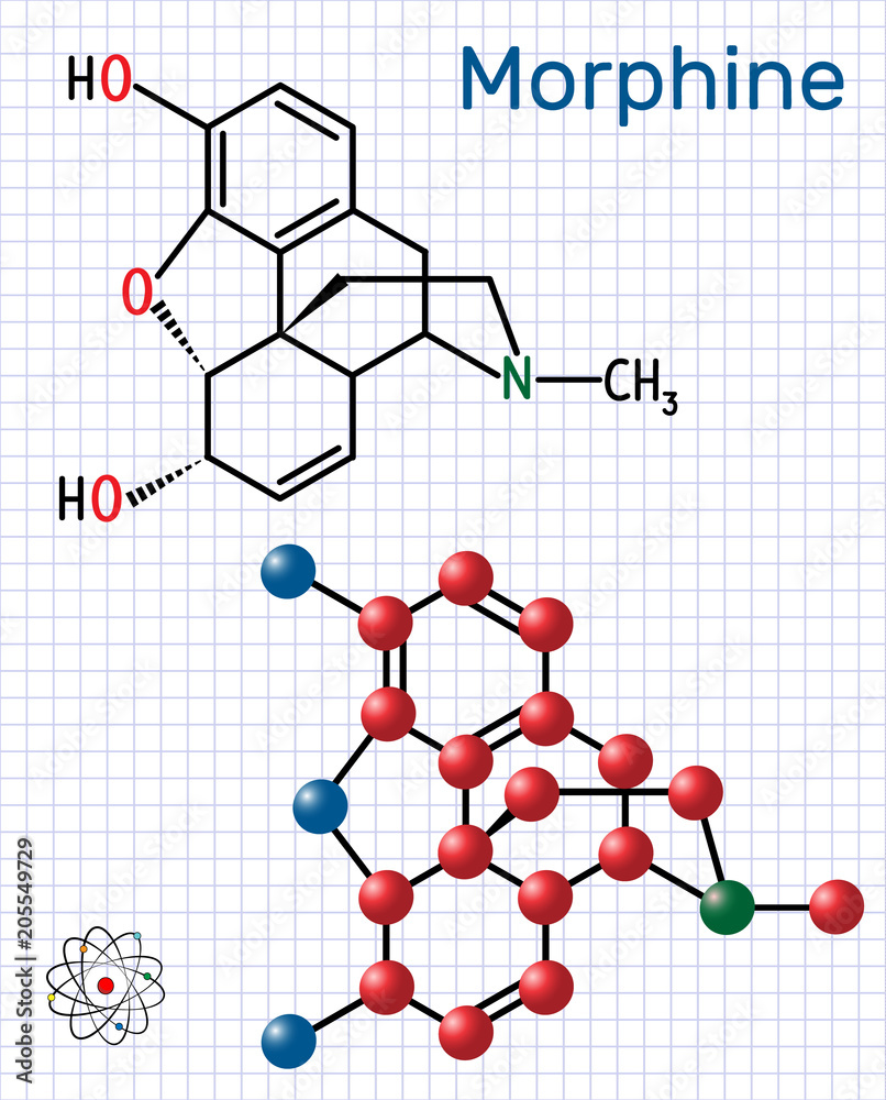 Morphine molecule. It is a pain medication of the opiate. Structural chemical formula and ...