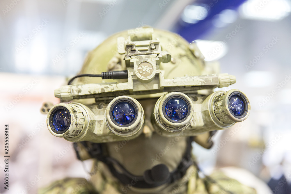 Foto de Army combat helmet are on, his face closed by using optical ...
