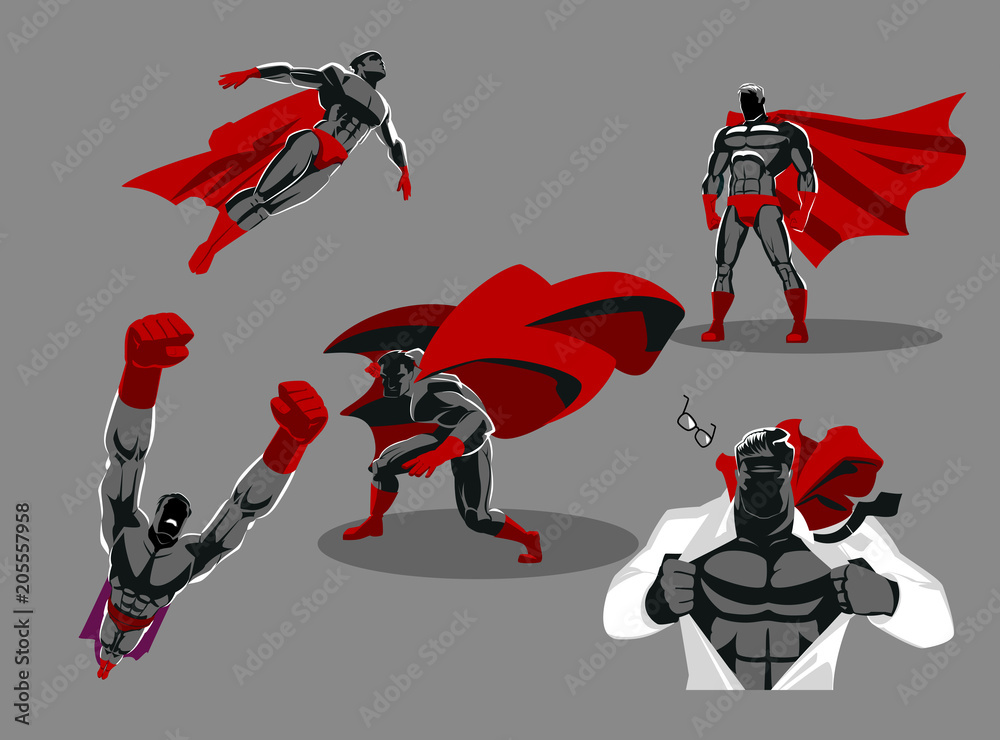 Comic superhero actions in different poses. Male super hero vector ...