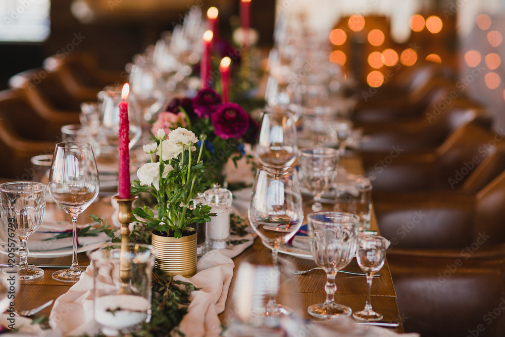 Coziness and style. Modern event design. Table setting at wedding ...